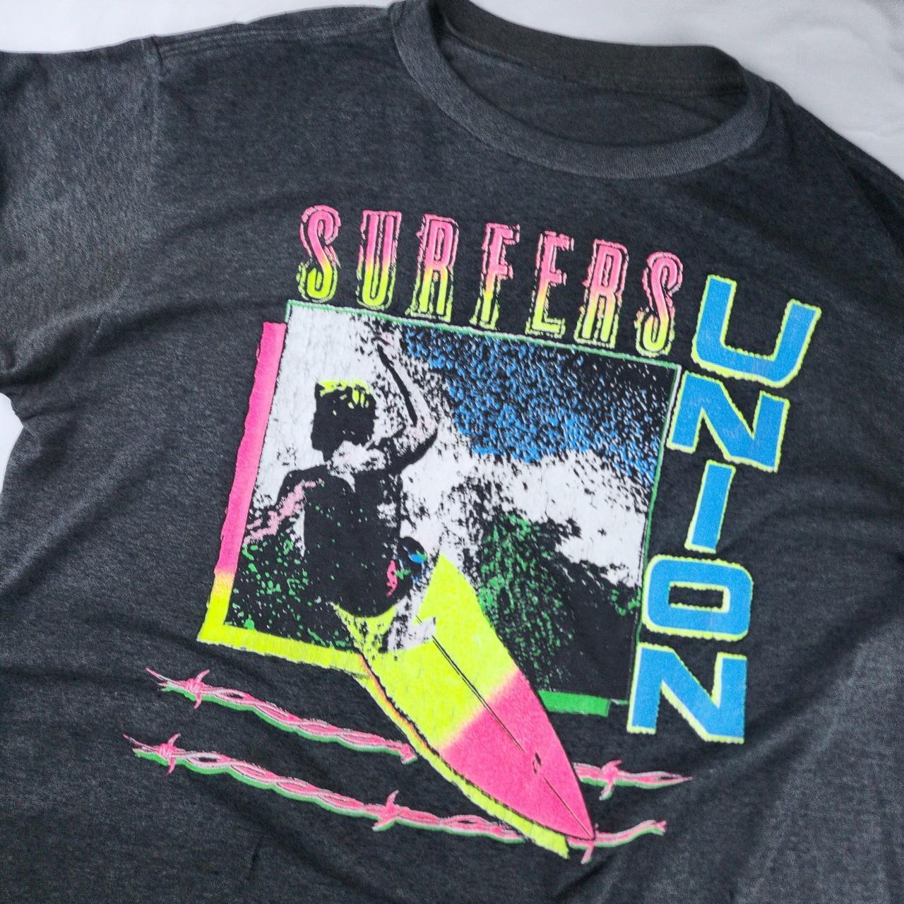 Vintage 90s neon print distressed surfers union tee... - Depop