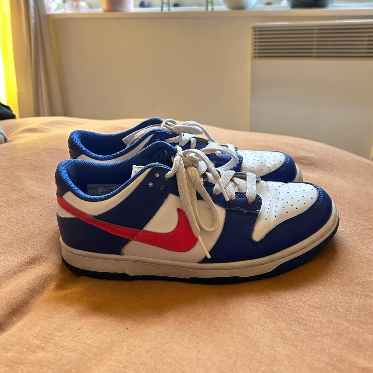 Nike Dunks Blue + White with dual orange and black... - Depop