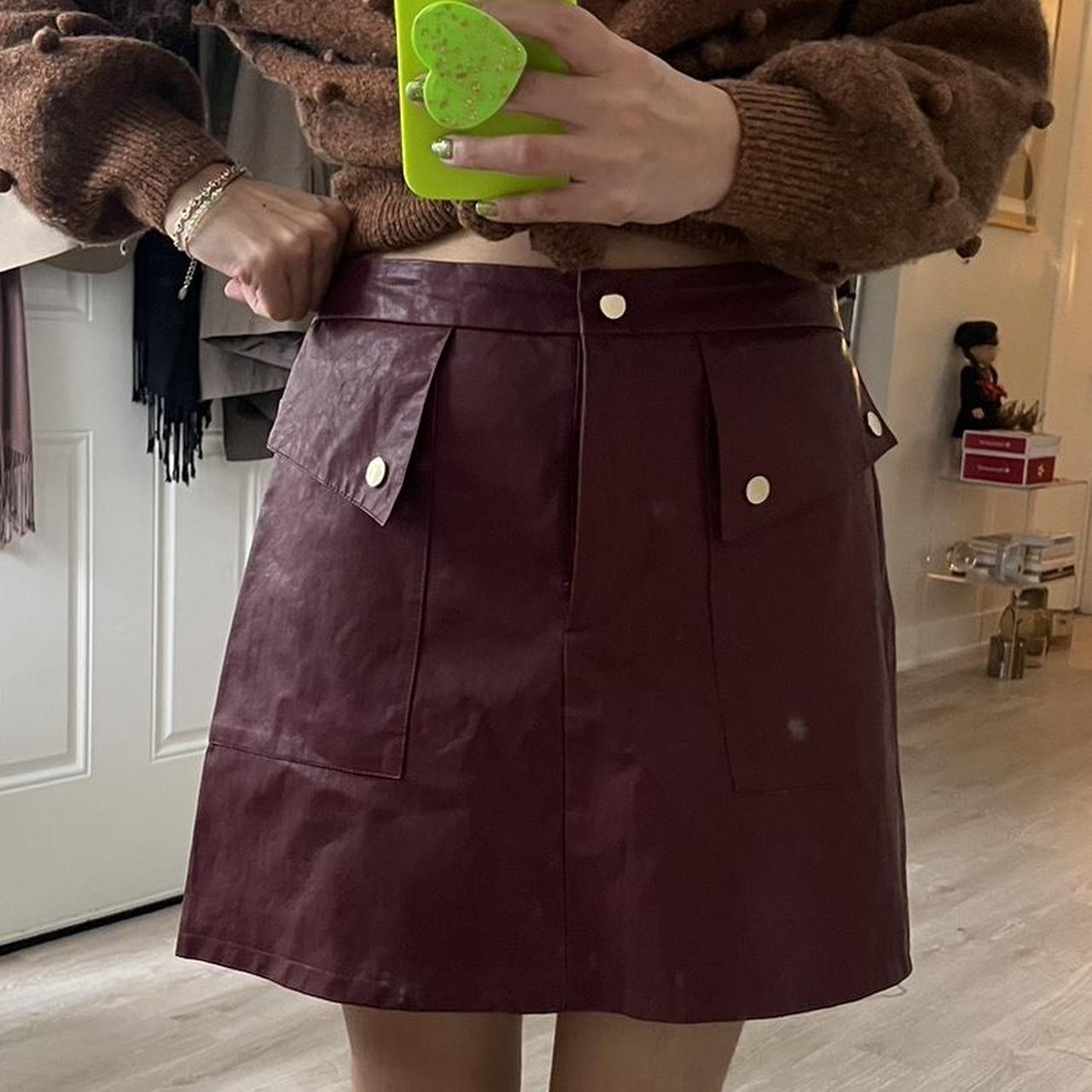 #Zara burgundy faux leather skirt size 8.... - Depop