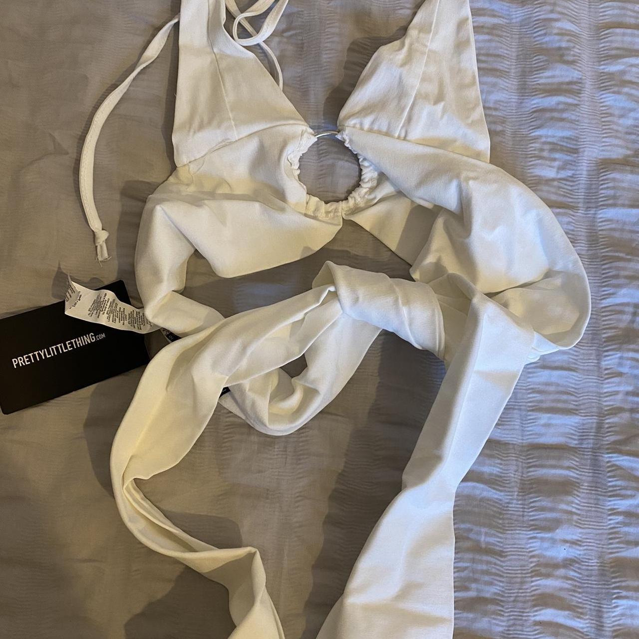 PLT ‘cream stretch woven plunge O-ring bralet’.... - Depop