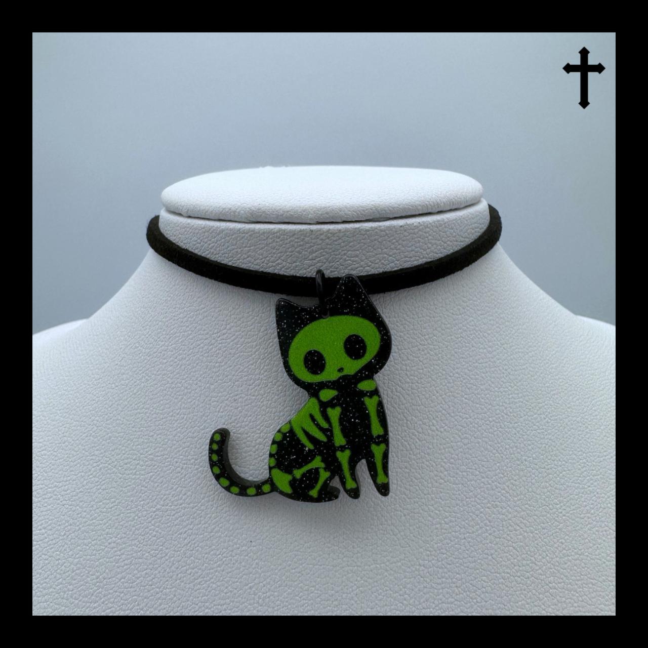 Skeleton Cat Choker! (black and green) Handmade [... - Depop