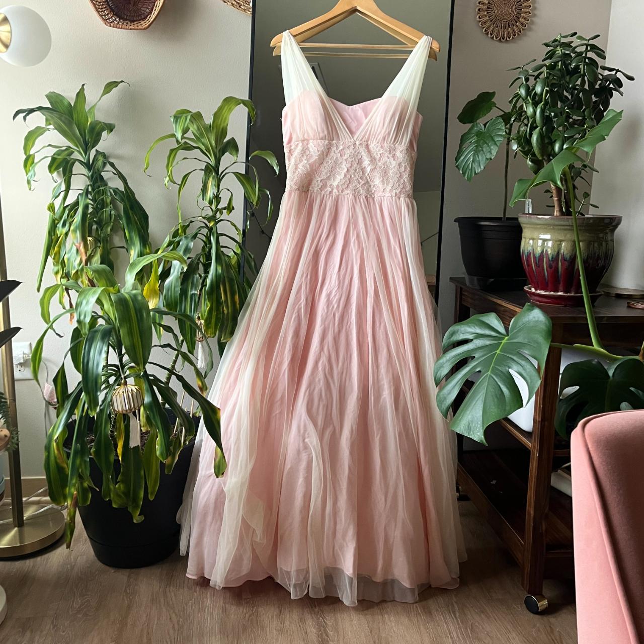 90s pink and white mesh lace prom dress. Labelled... - Depop