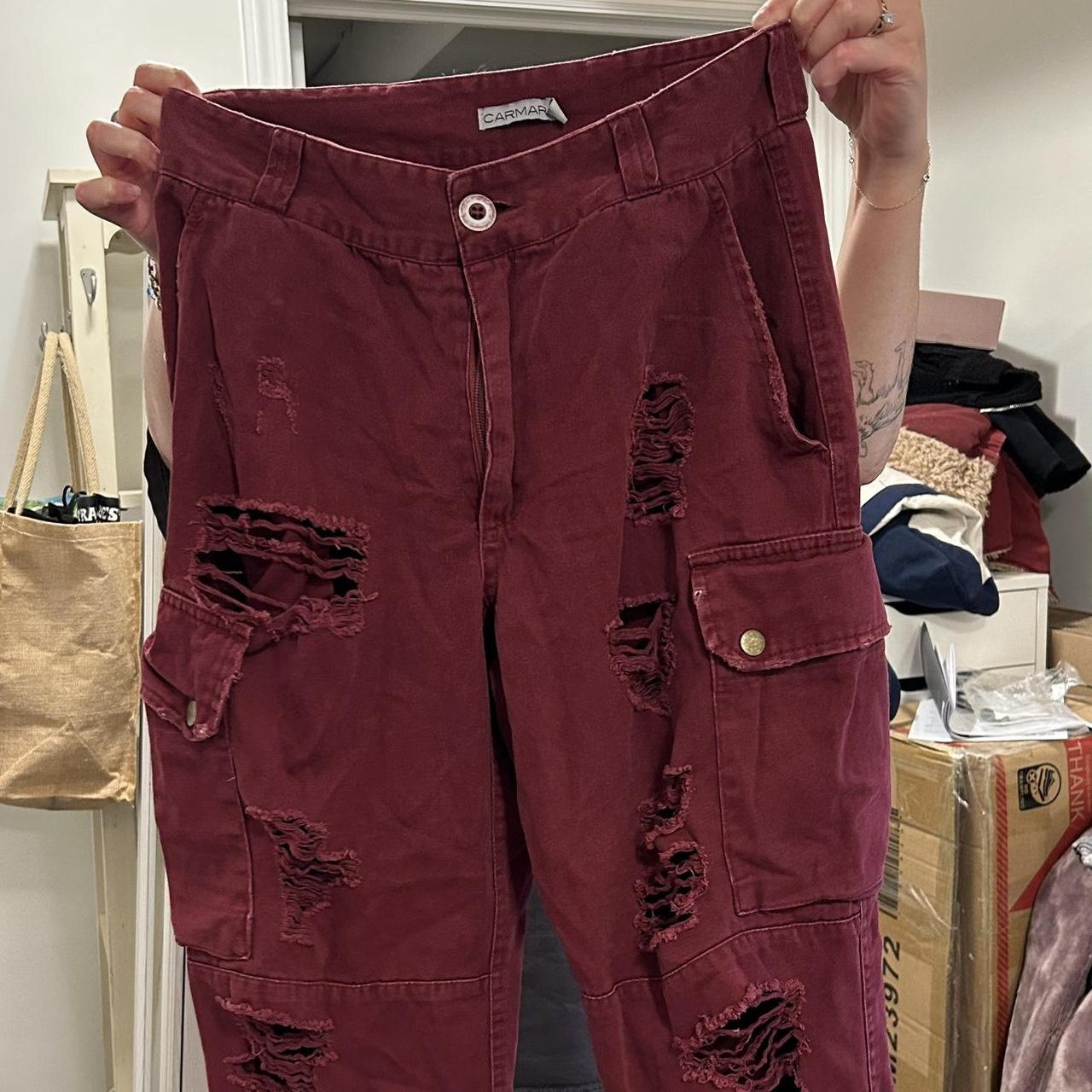 Maroon ripped jeans store