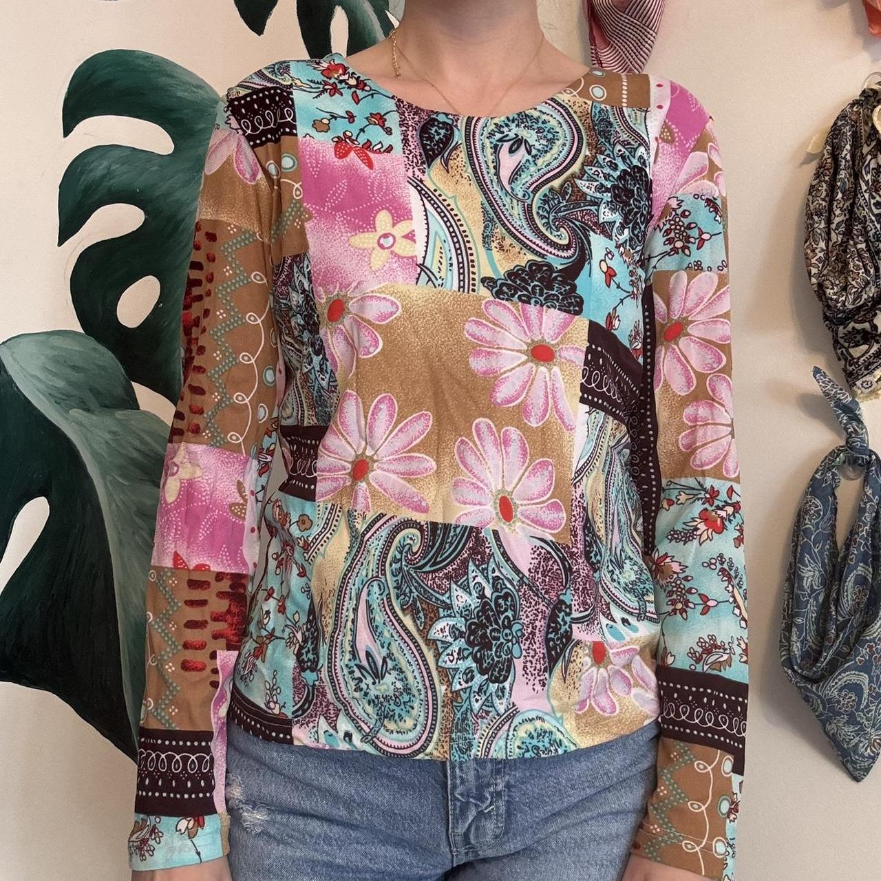 Patterned Patchwork Shirt 🩵 light blue with colorful... | Depop