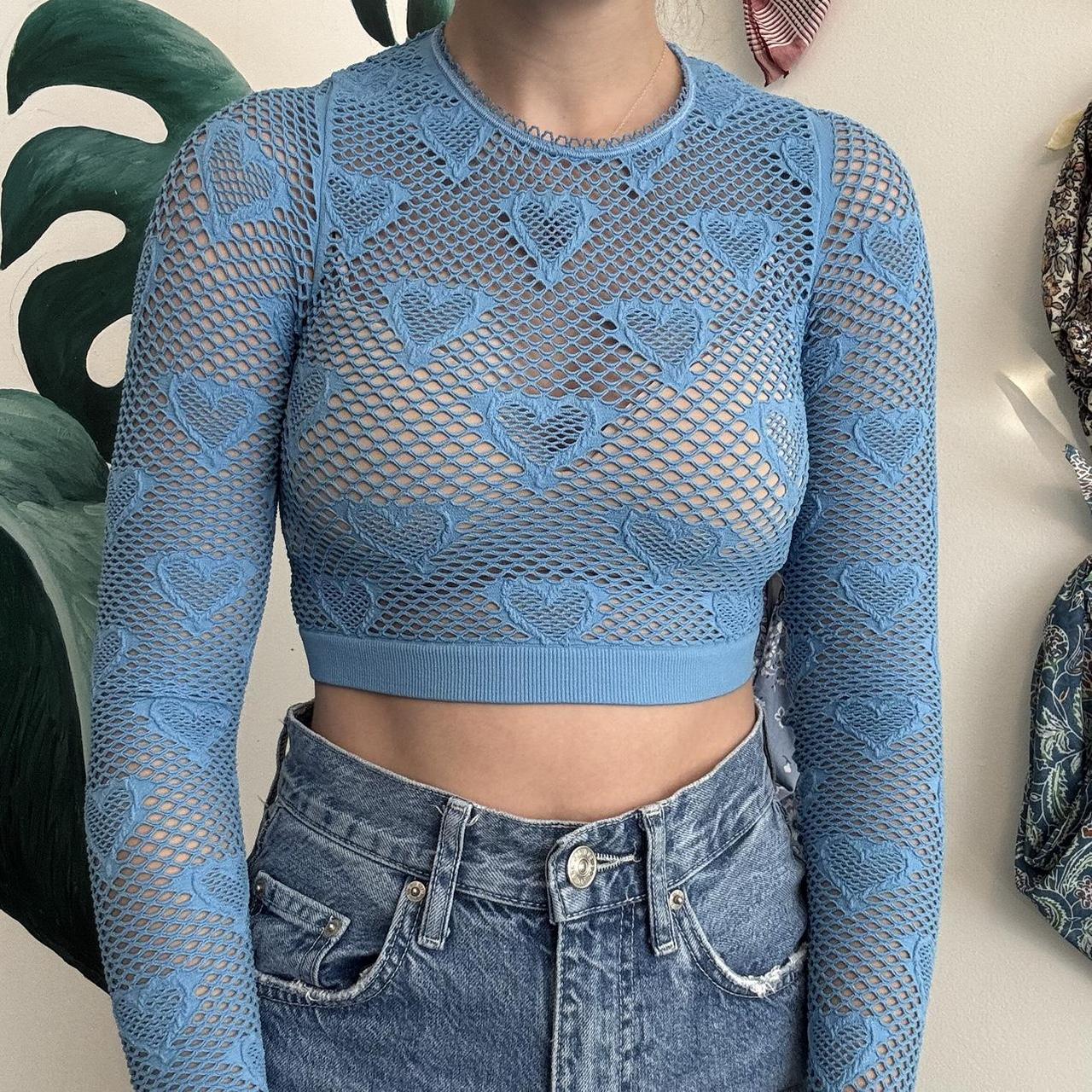 Mesh Heart Top 🩵 blue mesh knit fabric with hearts... | Depop