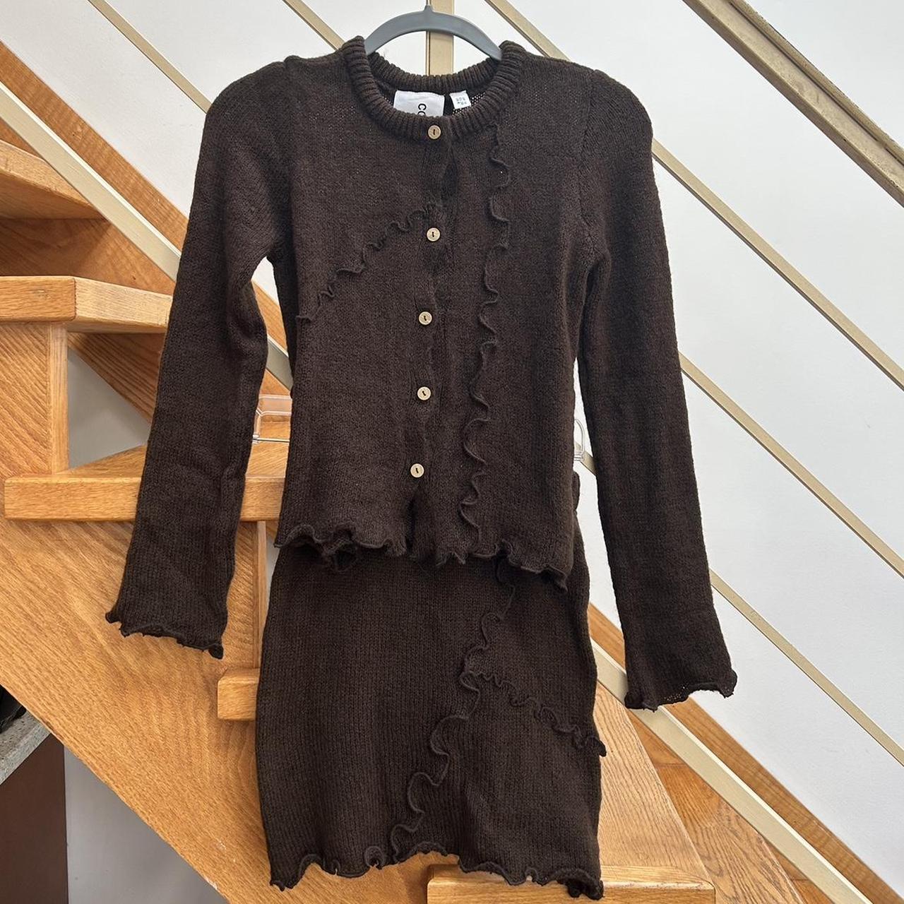 New! Chocolate Brown Ruffle Knit Set. Cute cardigan... - Depop