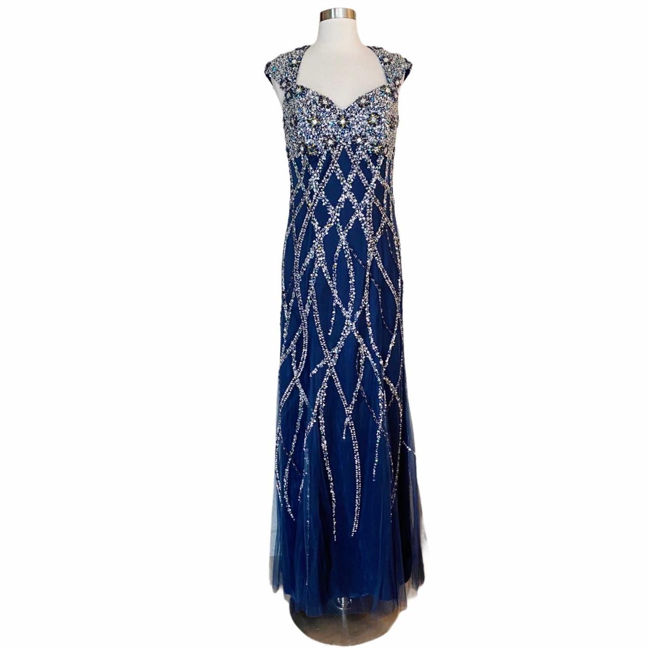 JOVANI Navy Rhinestone Embellished Gown Mesh Layer... - Depop