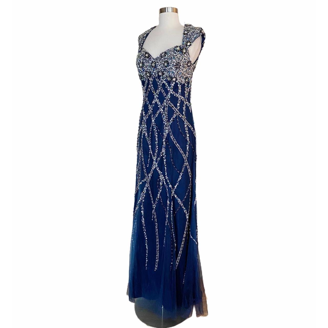 JOVANI Navy Rhinestone Embellished Gown Mesh Layer... - Depop