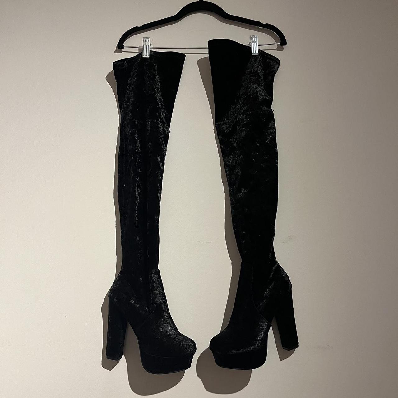 Over The Knee Crushed Black Velvet Mega Heels 🖤... | Depop