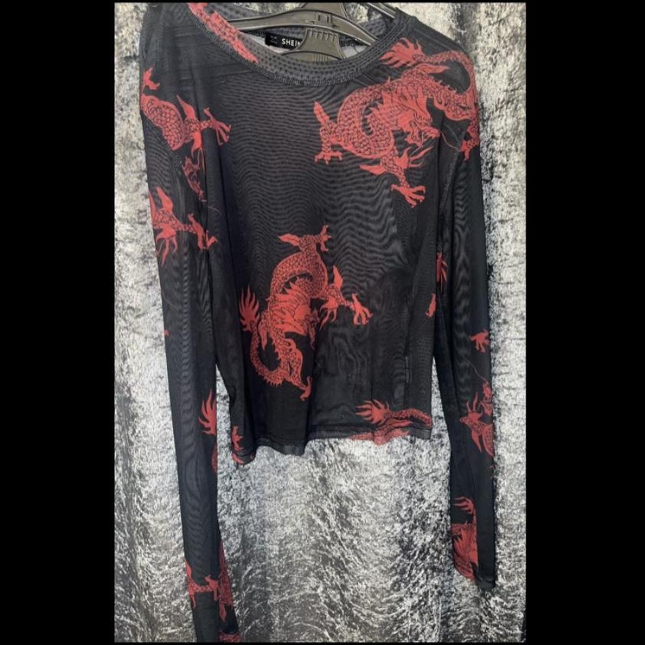 shein black and red dragon mesh top size eur xs... - Depop