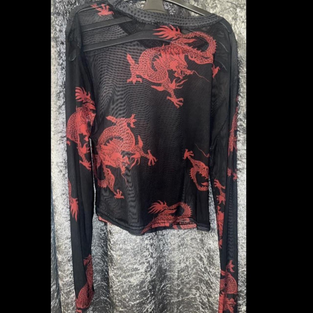 shein black and red dragon mesh top size eur xs... - Depop