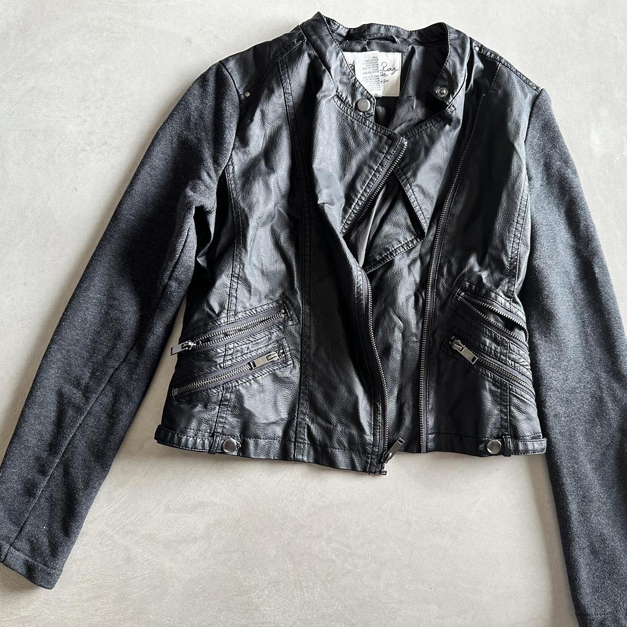 American Rag Leather Jacket with Fleece Sleeves-... - Depop