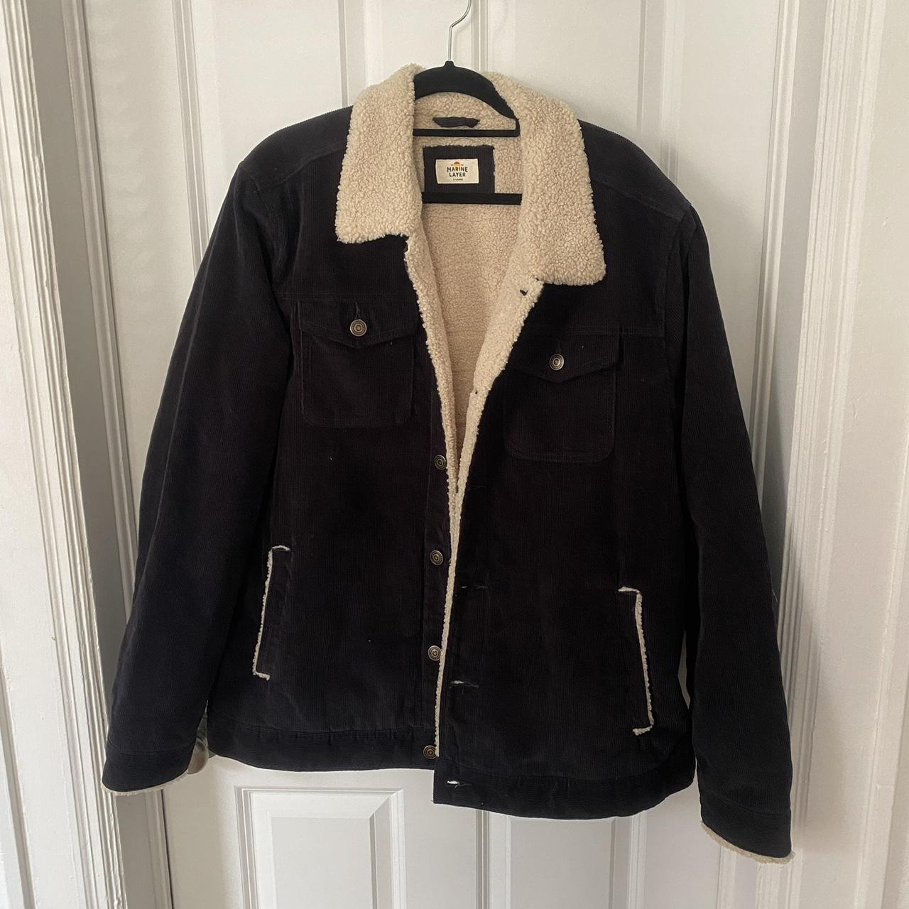 Marine Layer Men's Navy and Cream Jacket | Depop