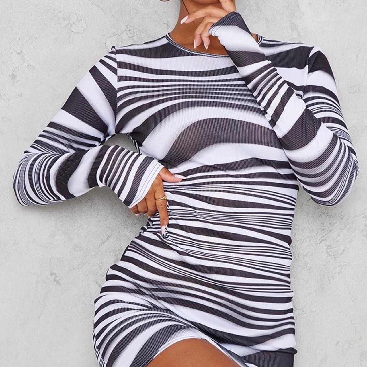 Monochrome Abstract Print Ribbed Long Sleeve Bodycon Depop