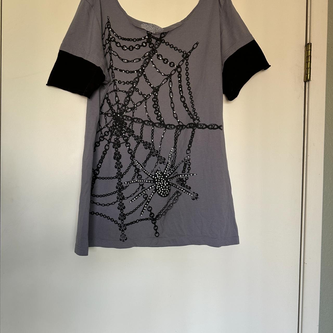Grey T-shirt with spider web design and gems on the... - Depop