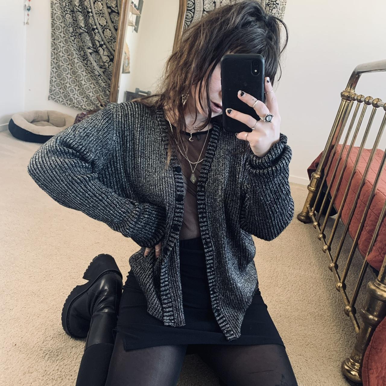 vintage 90s glam goth black & silver cardigan... - Depop