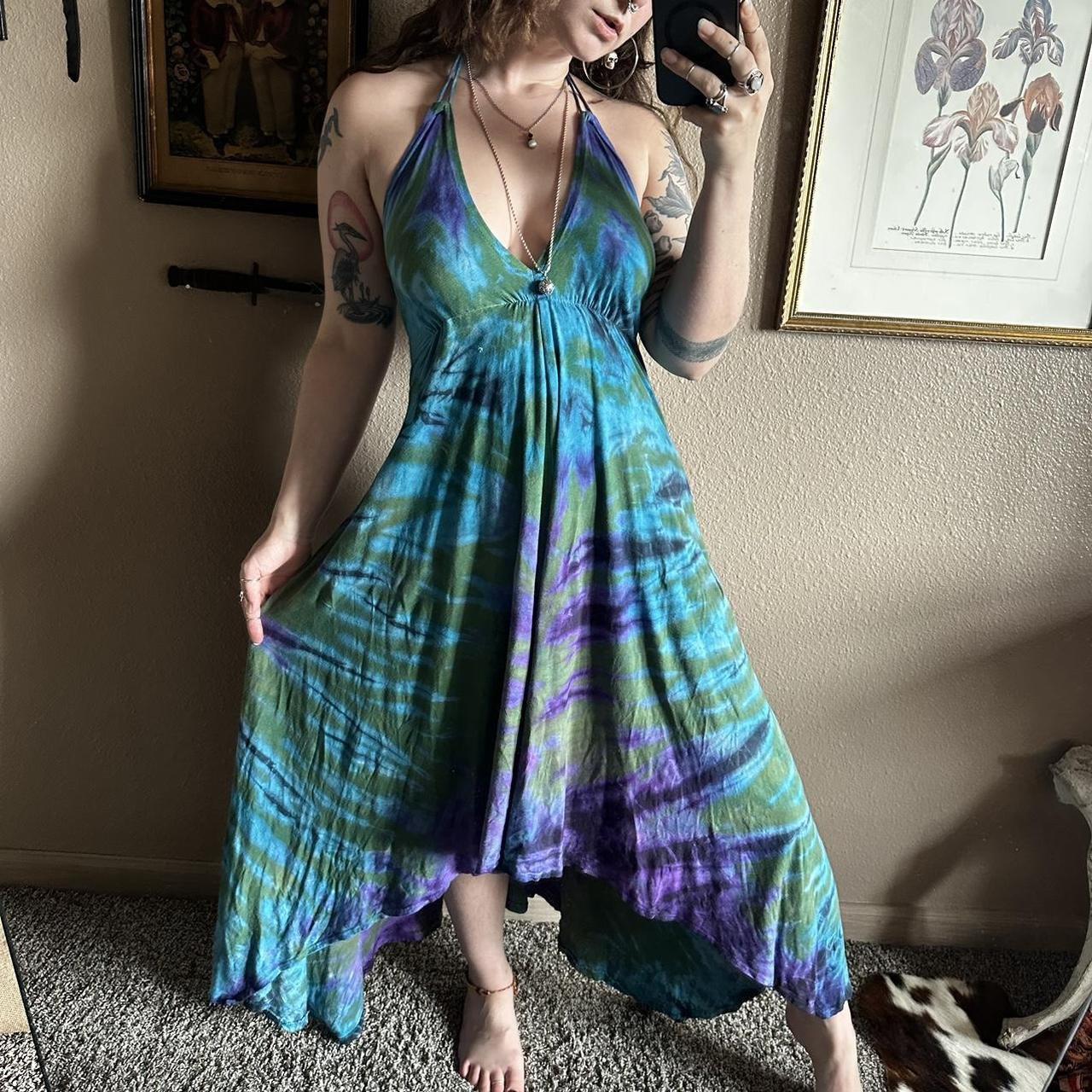 Vintage Tie Dye Hippie Dress Vintage Swirling Blue Depop
