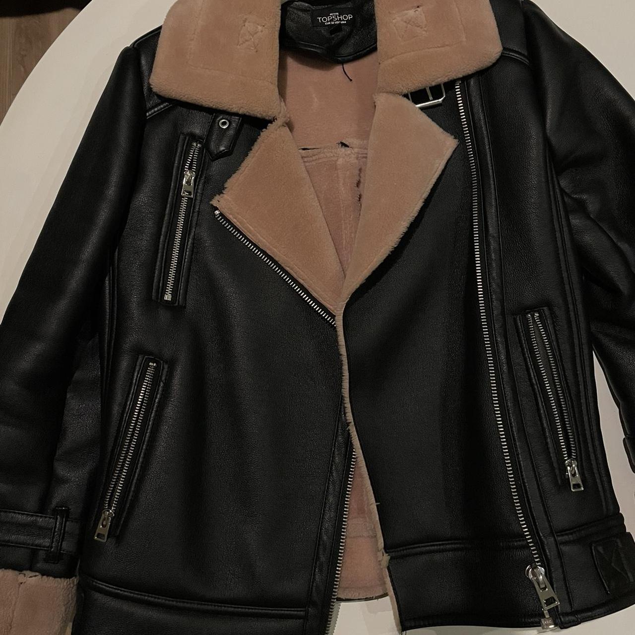 Black Leather Topshop Jacket Silver details pink fur... - Depop