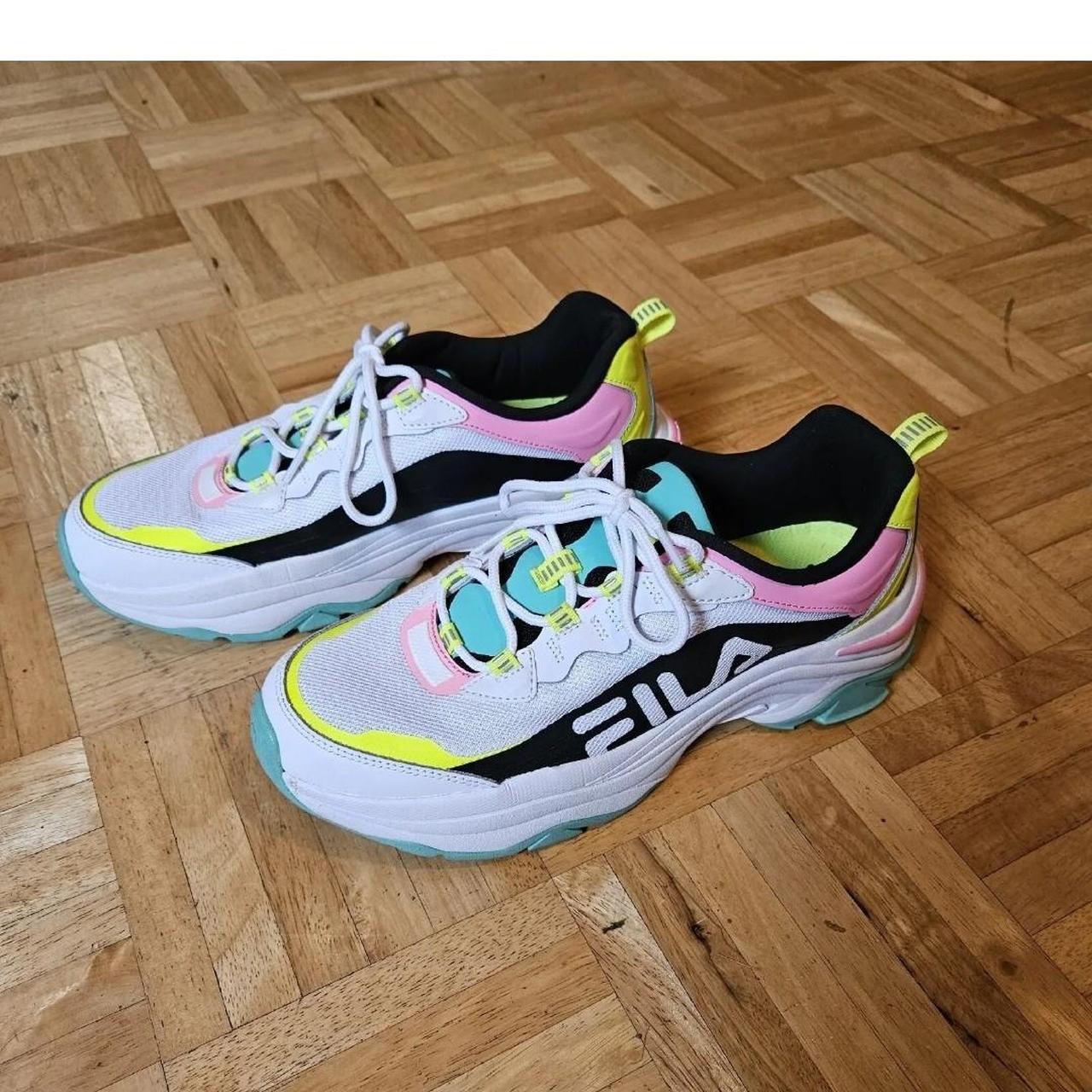 Pink Green And Yellow Pastel Chunky Fila Shoes... - Depop