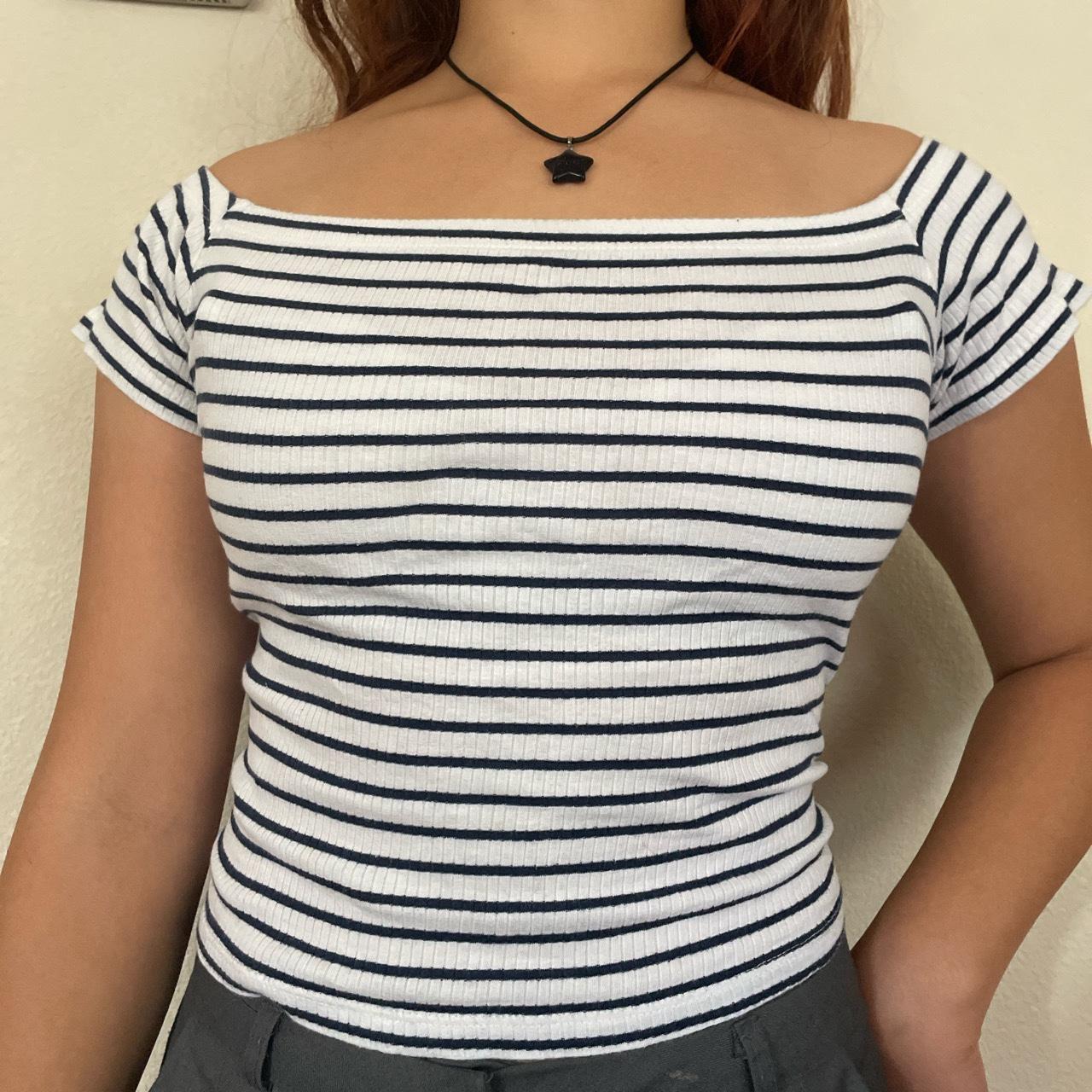 H&M off shoulder/square neck striped top Size Large - Depop