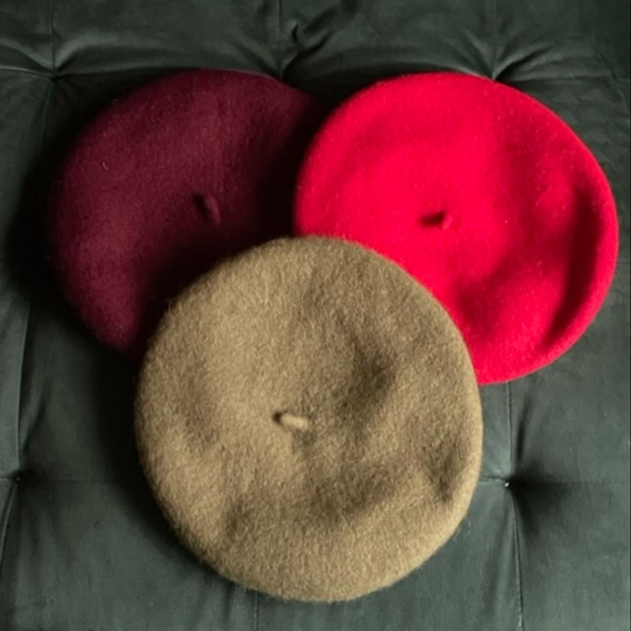 bundle of 3 wool berets: Olive, Raspberry and Red.... - Depop