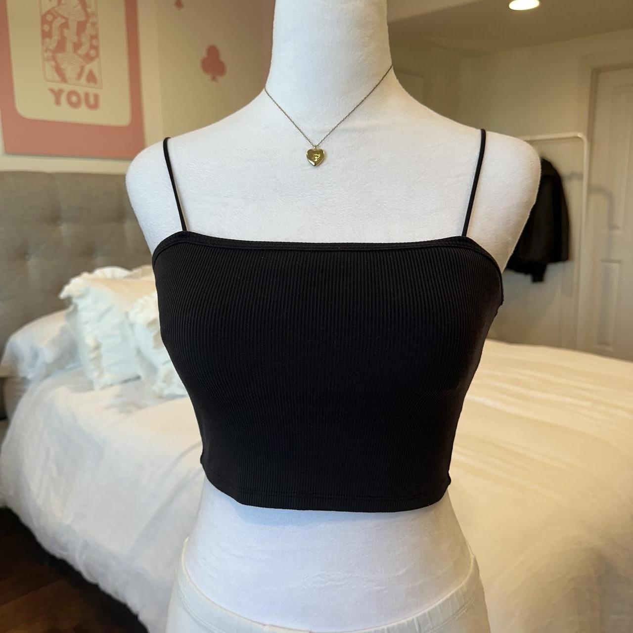 Alo Black ribbed crop top with spaghetti straps... - Depop