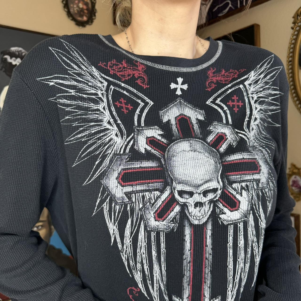 Y2k front & back skull & cross graphic • black longe... - Depop