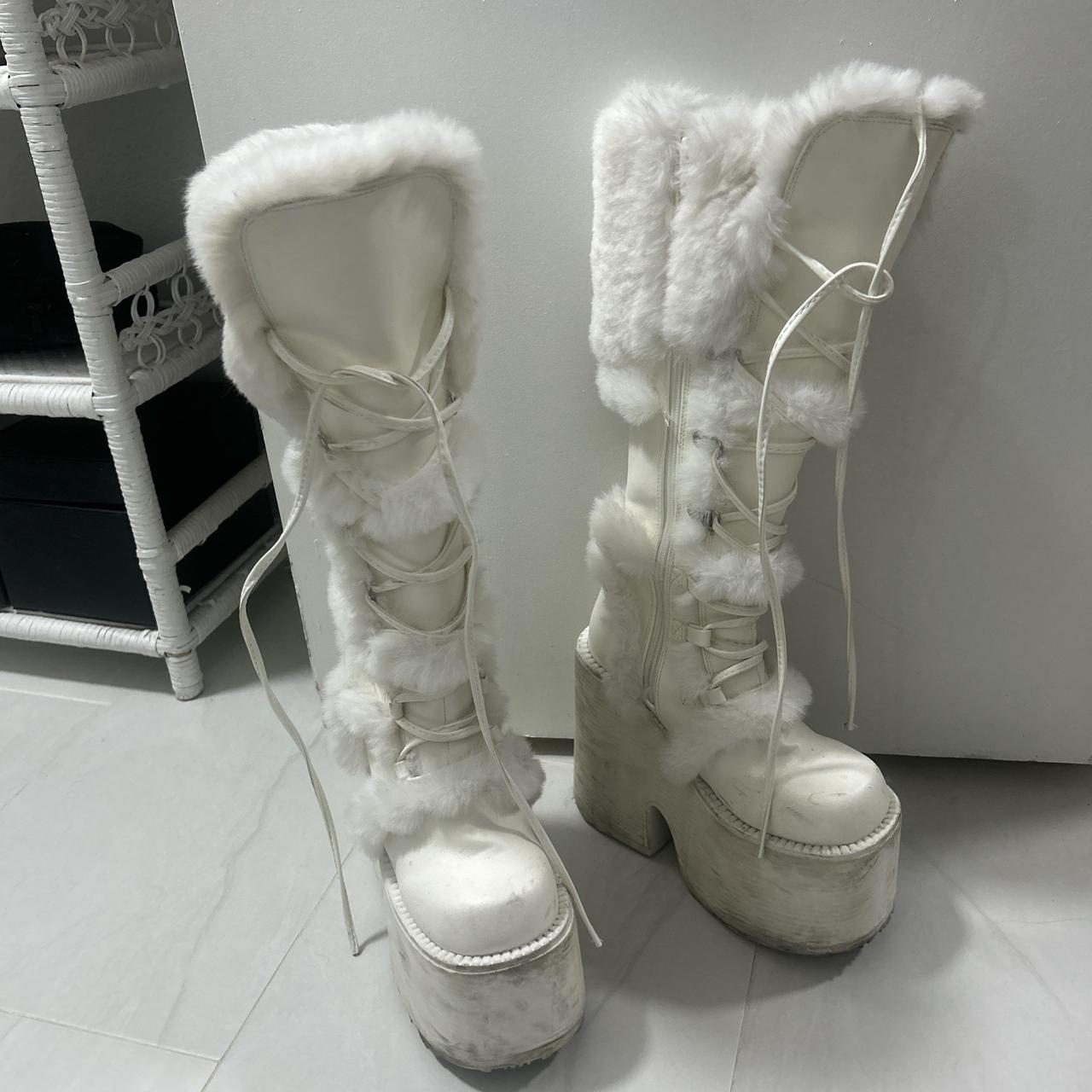 White faux fur boots with platform sole 🐇🐇demonias... | Depop