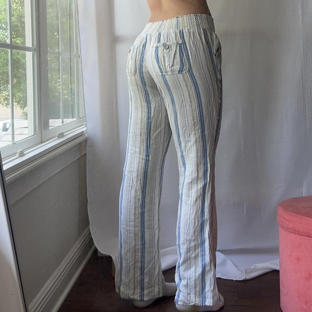 low rise striped linen beach pants Size large fit... - Depop