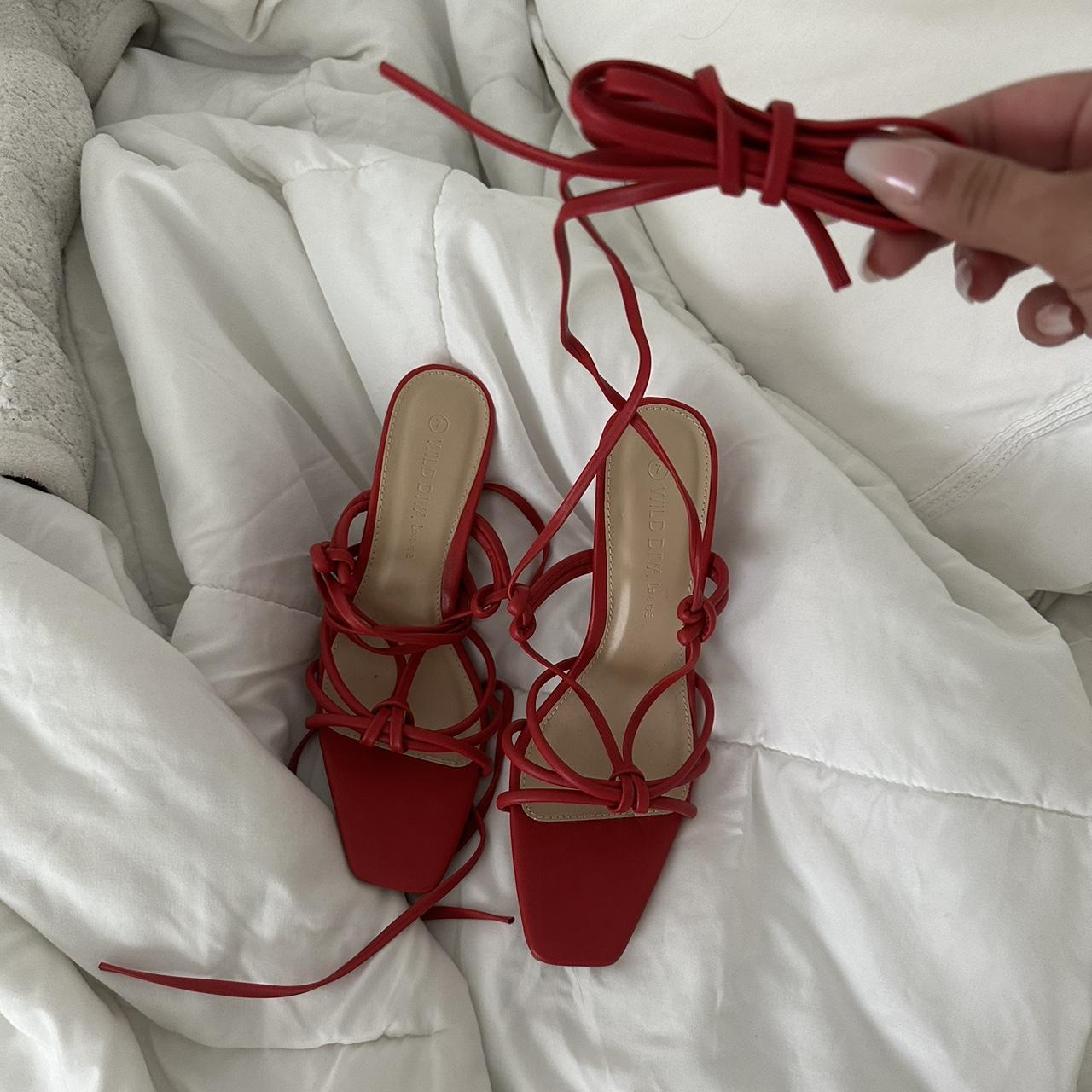Red lace up sandal heels Never worn - Depop