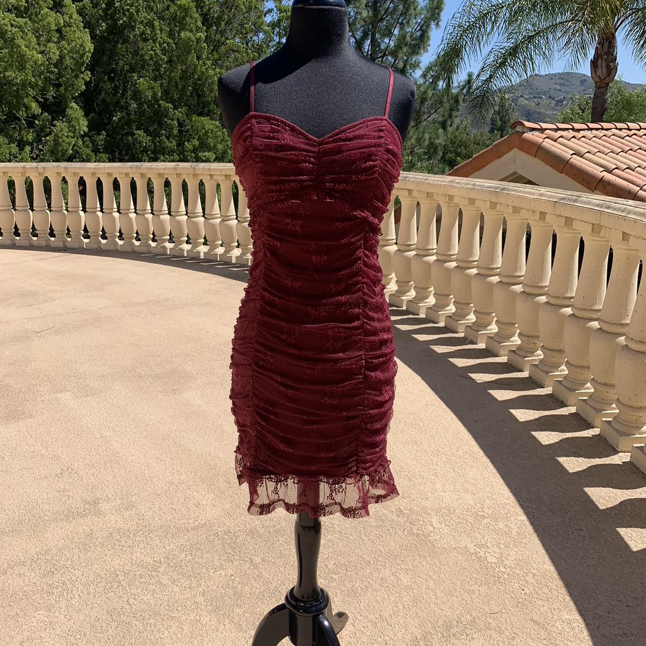 Lulus Enchantress Lace Ruched Dress Maroon Size... - Depop