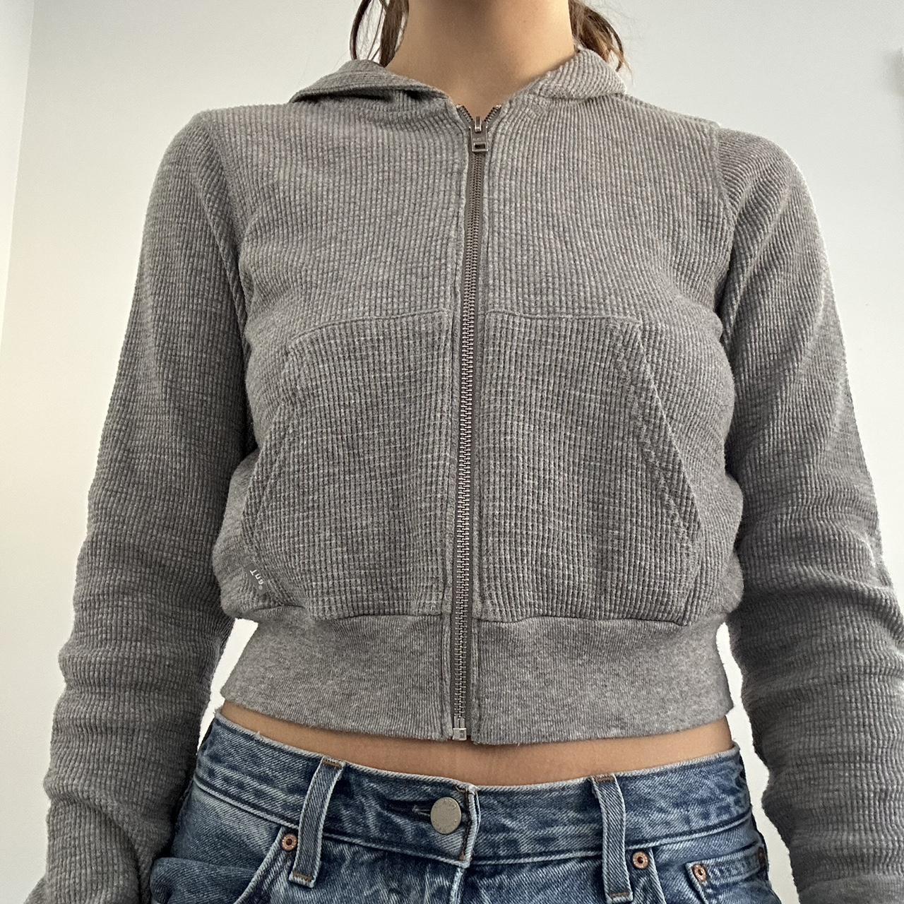 TNA waffle knit cropped hooded zip up Grey... - Depop