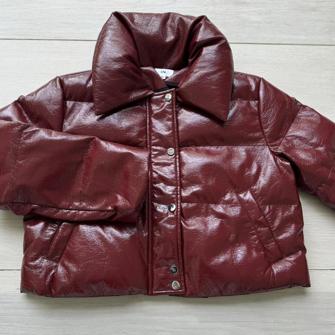 Burgundy patent shiny puffer jacket Cropped fit with... - Depop