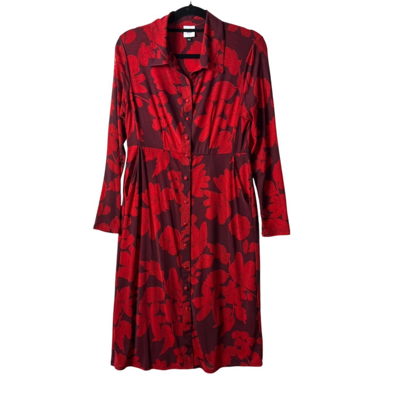 Cabi red floral button up long dress with pockets... - Depop