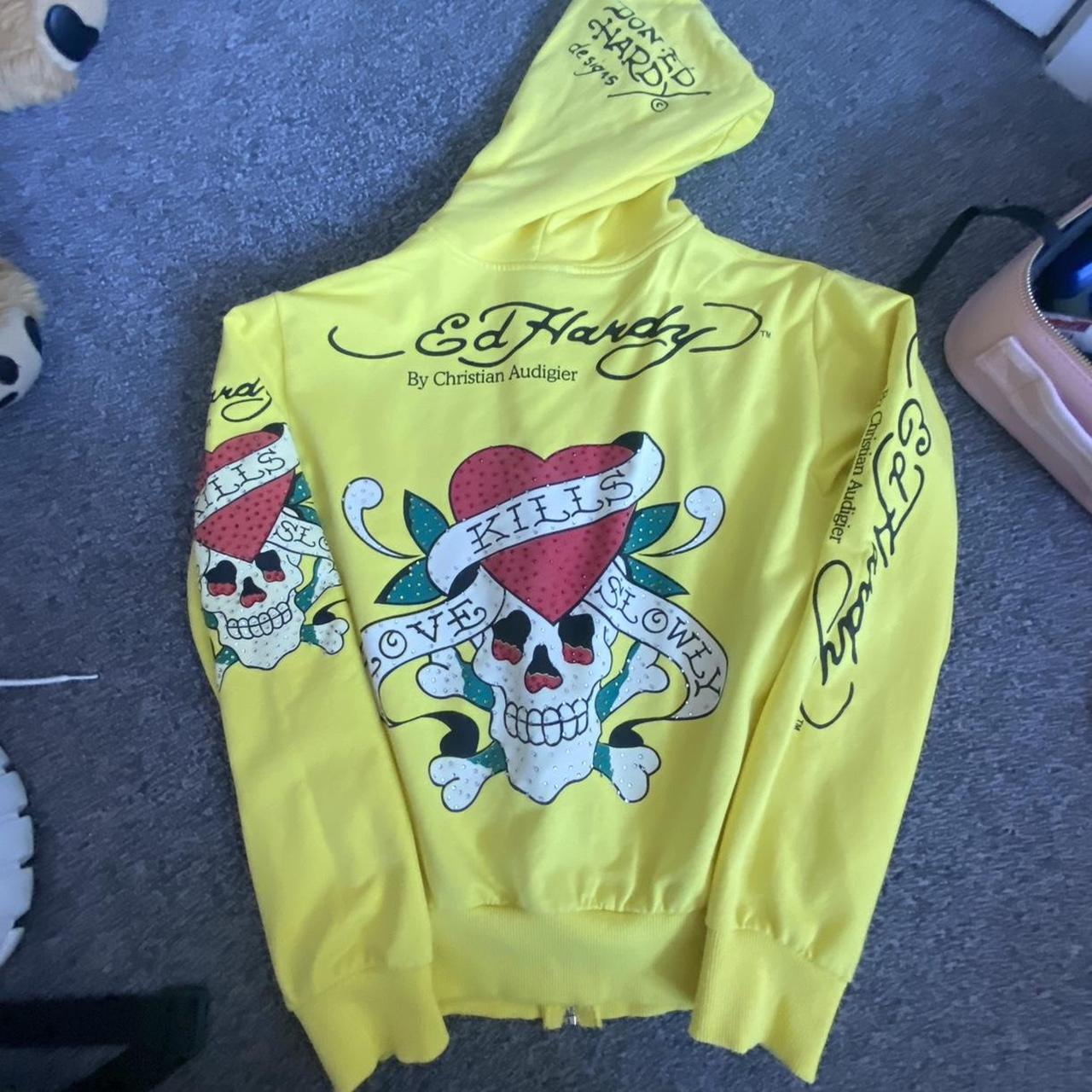 yellow ed hardy hoodie perfect condition however... - Depop