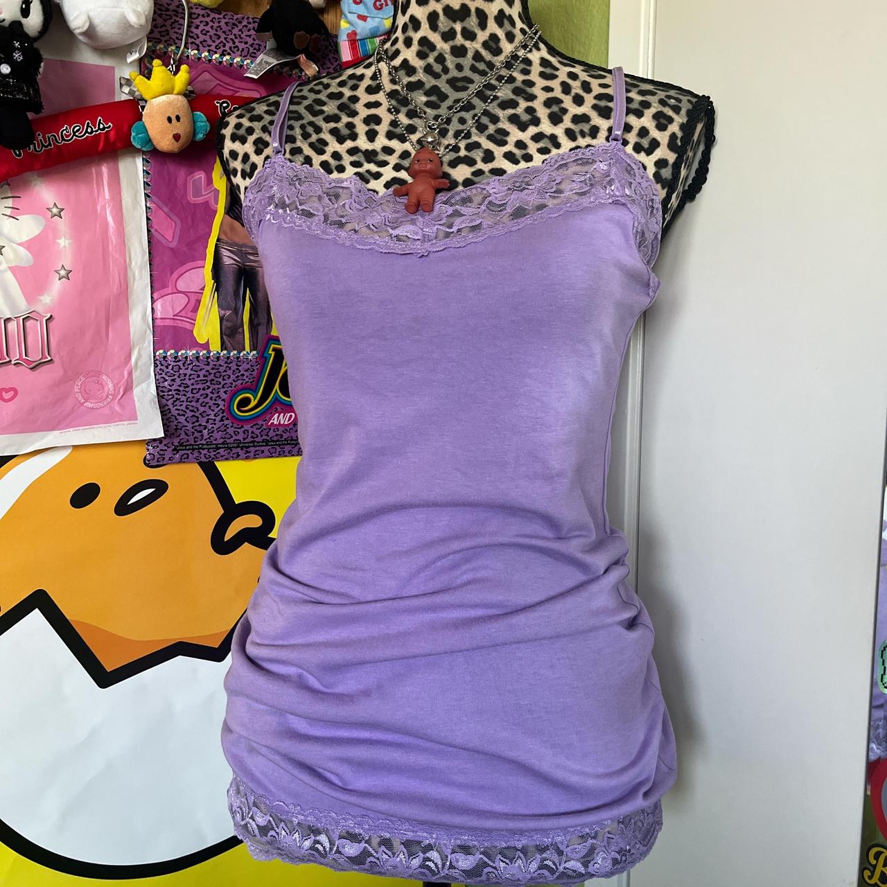 Purple lace trim cami with adjustable straps cotton... | Depop