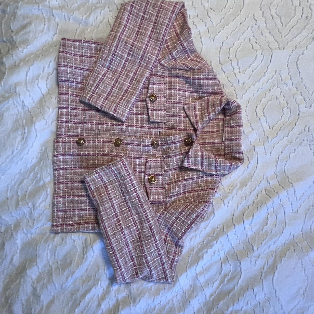 Pink Plaid Tweed Jacket •cropped, pink &white,... - Depop