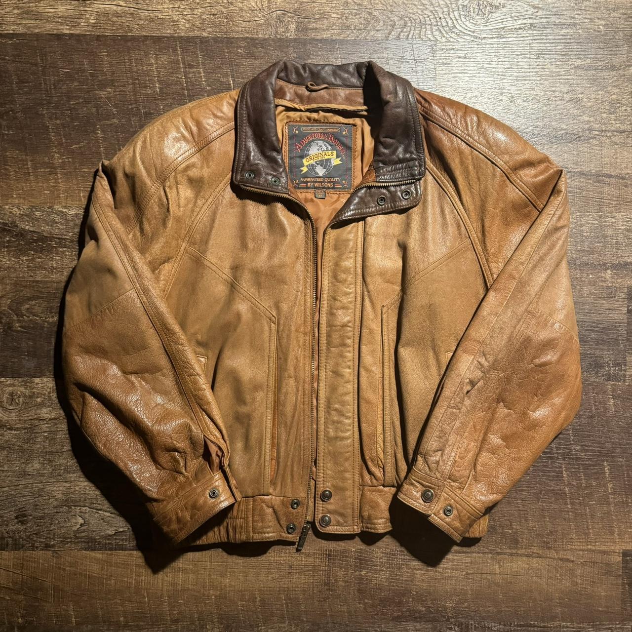 Yellowish brown leather bomber jacket with a worn... - Depop