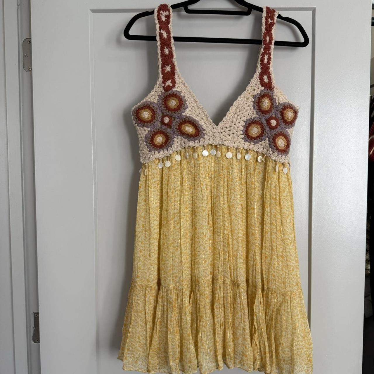 ZARA yellow crochet flowy mini dress with beaded,... - Depop