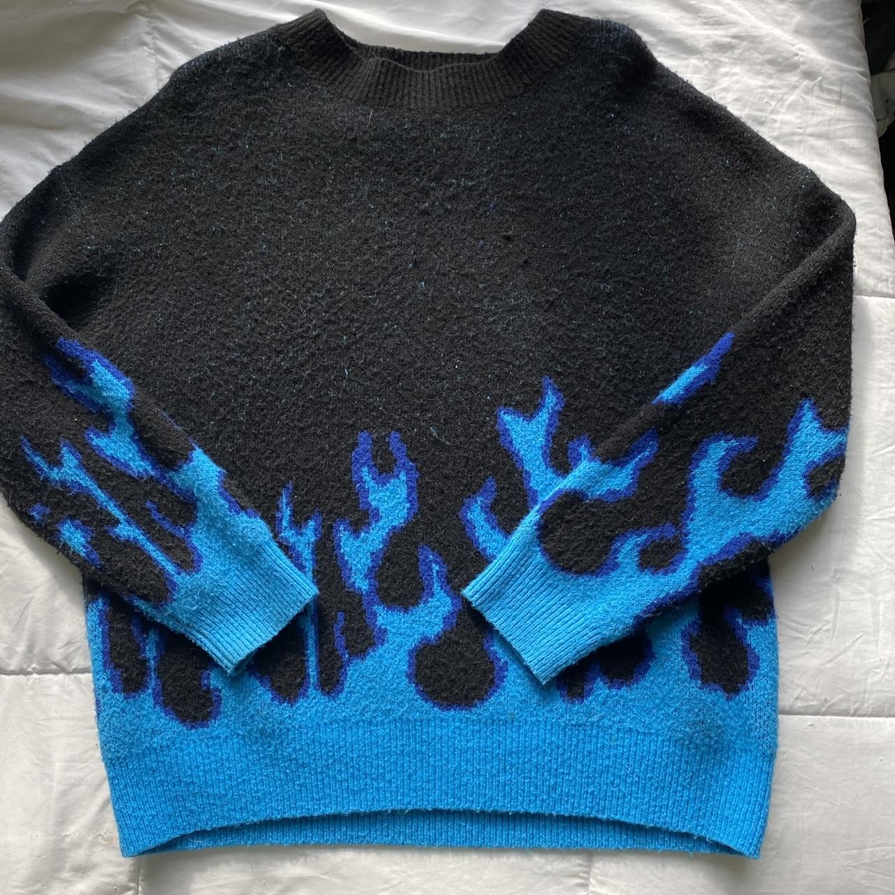 Large Black and Blue Flame Sweater - Depop