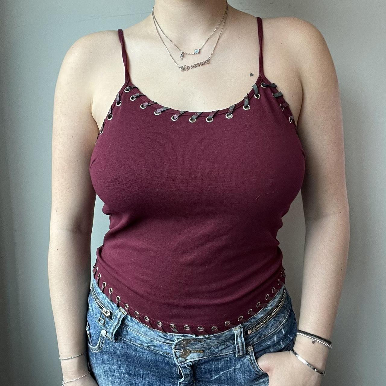 Y2k red cami top Dark red cami top with eyelet... - Depop