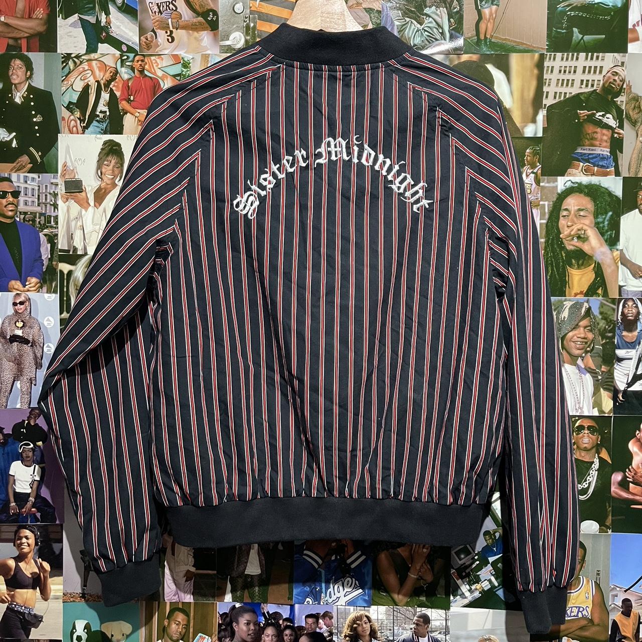 Red, black, and white women’s Obey stripped jacket.... - Depop