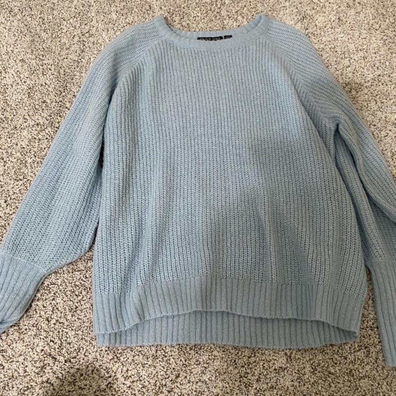 Baby blue knit sweater with bubble sleeves from... - Depop