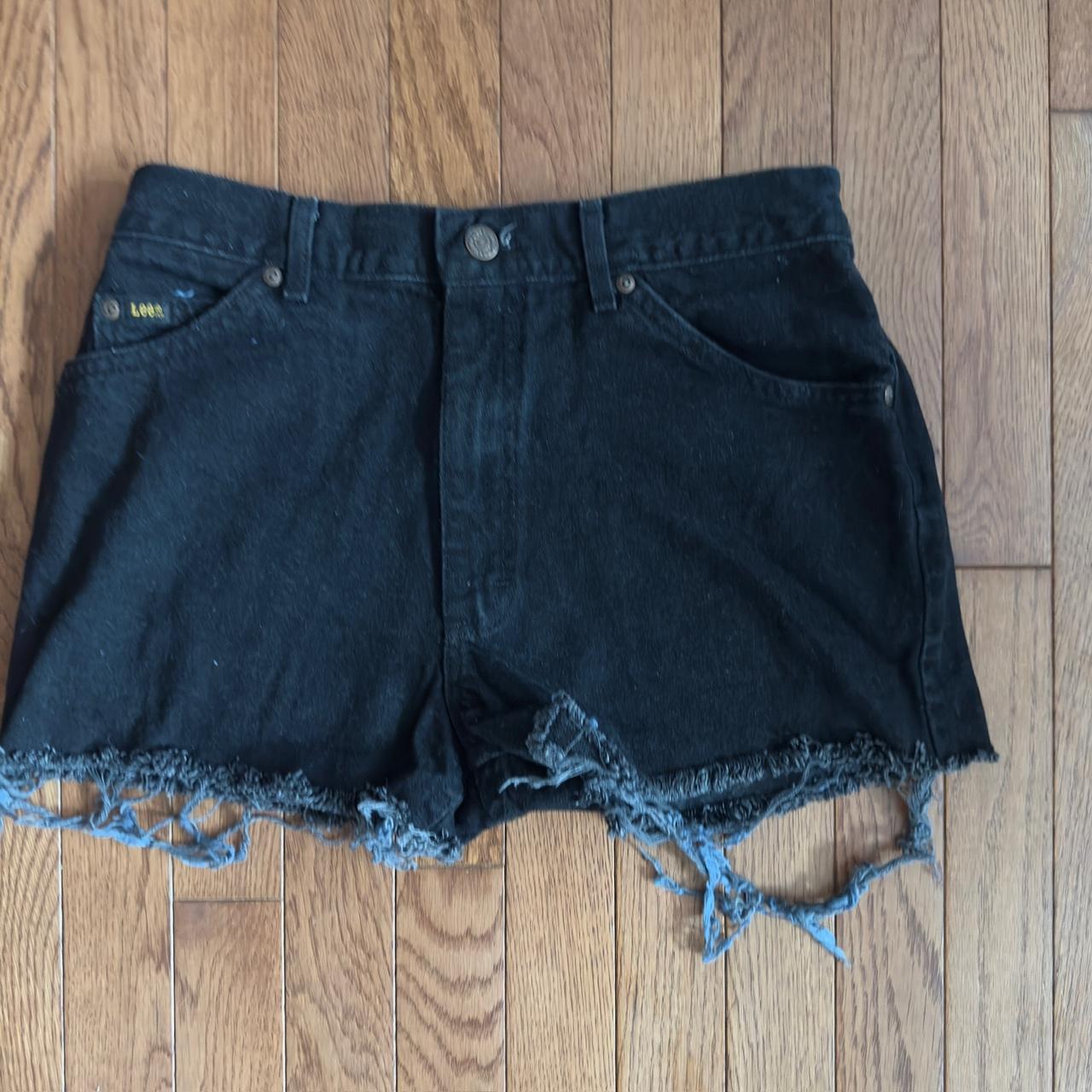 lee distressed black denim cut off shorts size:... - Depop