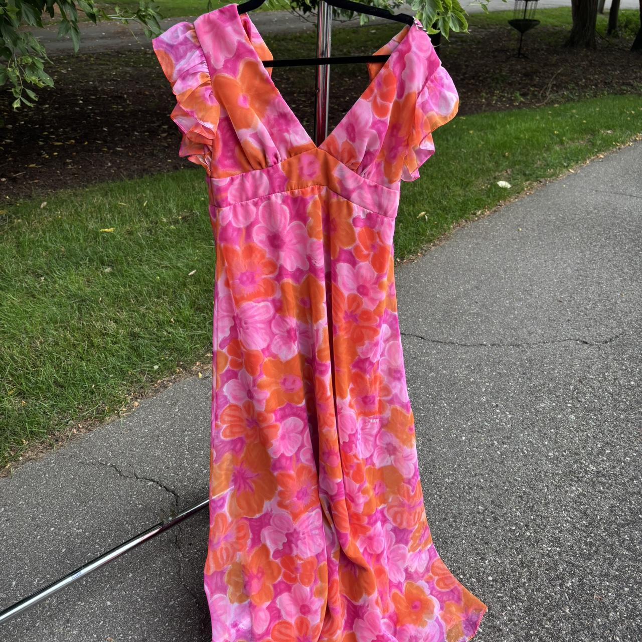 Stunning orange and pink floral maxi dress with... | Depop