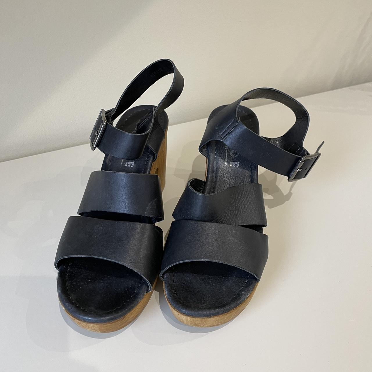 Black leather strapped clog style block heels Size... - Depop