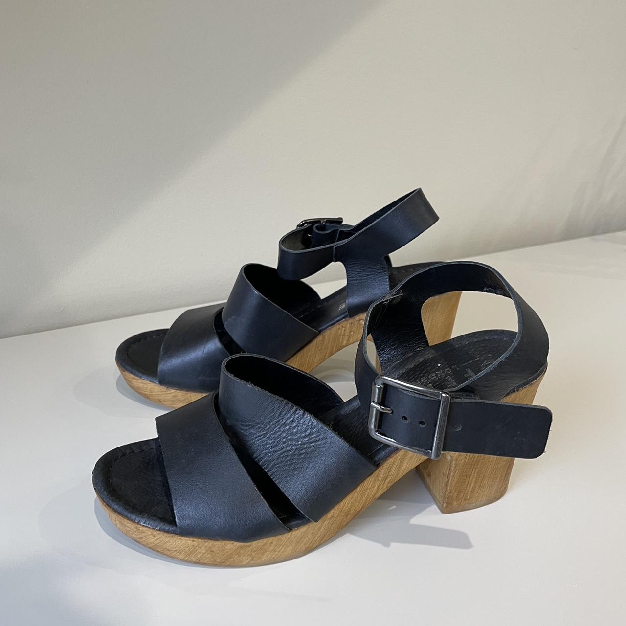 Black leather strapped clog style block heels Size... - Depop