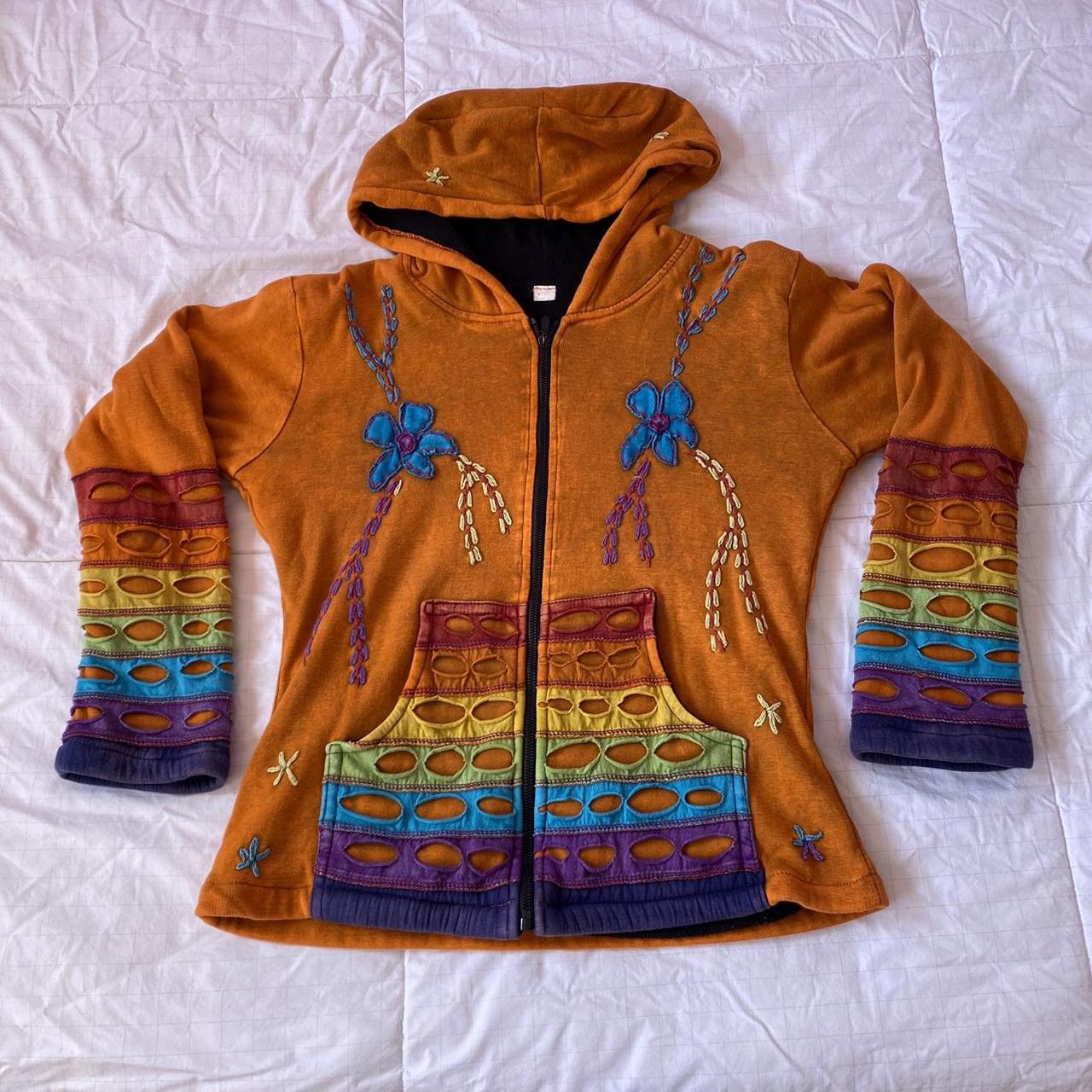 orange and rainbow hippie zip up hoodie some light... - Depop