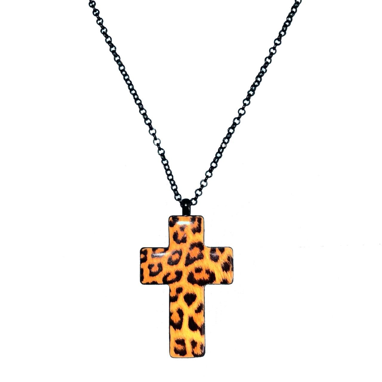 y2k cheetah print cross pendant and chain necklace... - Depop