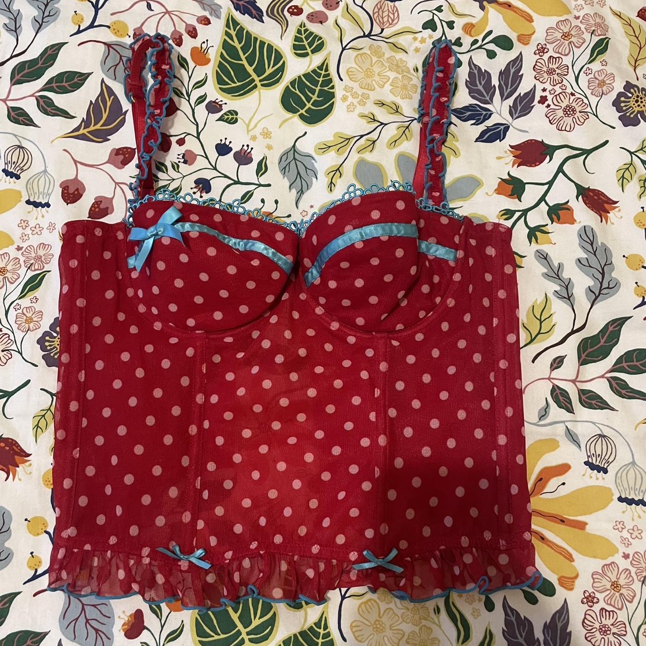 Red spotty corset top with cute blue bow detail.... | Depop